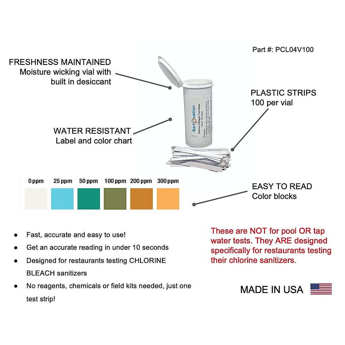 Restaurant Chlorine Sanitizer Plastic Test Strips, 0-300 ppm [Moisture Wicking Vial of 100 Strips]