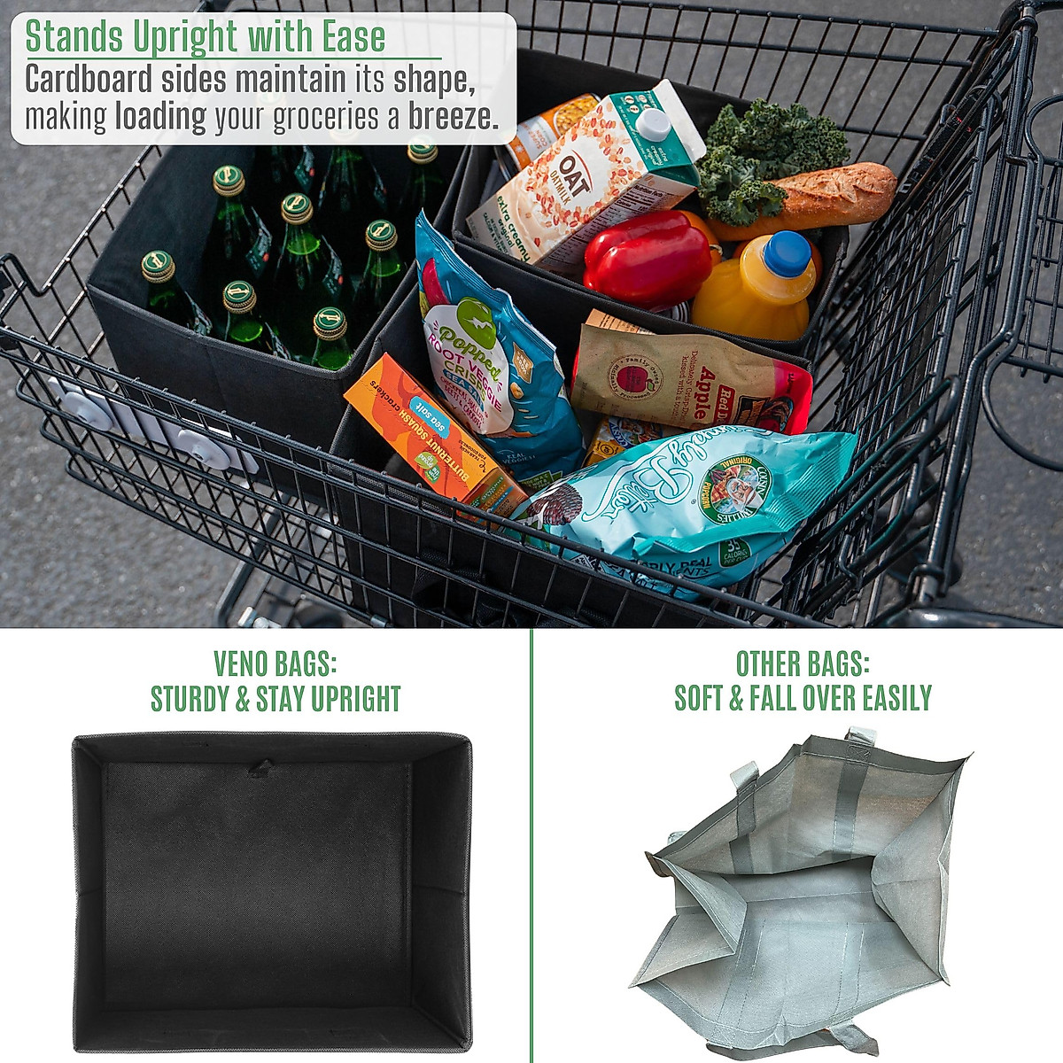 VENO 3 Packs Reusable Grocery Shopping Bags, Shopping Cart Bags, Storage Boxes, Trunk Organizer, Premium Quality, Heavy Duty Tote, Reinforced Bottom, Foldable, Collapsible, Sustainable (L, Set of 3)