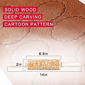 Wooden Embossing Rolling Pins with Designs for Baking, Engraved Rolling Pin with Pattern, Fondant Roller Snowflakes Christmas 3D