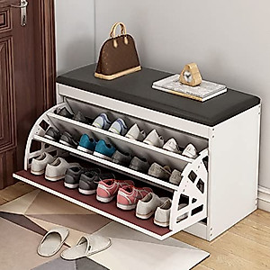 NIZAME Shoes Storage Cabinet with 3 Flip Racks, Tipping Bucket Shoes Organizer with Cushion for Heels, Slippers, Living Room, and Corridor, 39.3″L X 11.8″W X 20″H