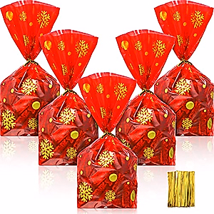 Outus 50 Pieces Christmas Favor Bags Snowflake Pattern Treat Bags Flat Cellophane Plastic Party Bags for Bakery, Popcorn, Cookies, Candies and Dessert with 100 Pieces Twist Ties (Red with Gold)