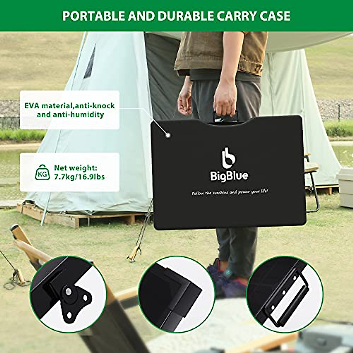 100W Solar Panels BigBlue Portable Solar Charger (18V/5.56A) with Carry-on Suitcase and Aluminum Kickstands, Waterproof Tempered Glass, 5.2ft Anderson Connector for RV Battery, Generators and Camping