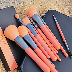 Docolor Makeup Brushes 10Pcs Makeup Brush Set Premium Synthetic Powder Foundation Contour Blush Concealer Eye Shadow Blending Liner Make Up Brush Kit - Neon Peach