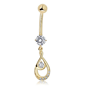 AVORA 10K Yellow Gold Simulated Diamond CZ Dangling Fancy Drop Belly Button Ring Body Jewelry (14 Gauge)