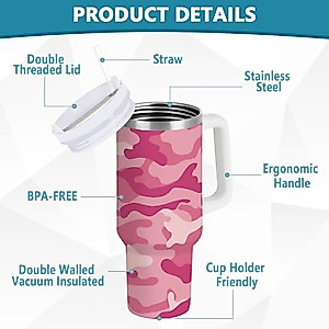 GKCLOCK 40 oz Tumbler with Handle and Straws, Insulated Reusable Stainless Steel Travel Coffee Mug Water Bottle for Office & Outdoor, Cupholder Friendly (Pink Camouflage Style)