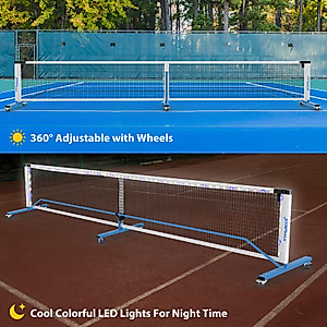 JOGENMAX Portable Pickleball Net System with Lockable Wheels, Metal Frame Pickleball Court with LED Light, Regulation Size Net with Durable Carrying Bag, and 4 Pickleball Rackets.