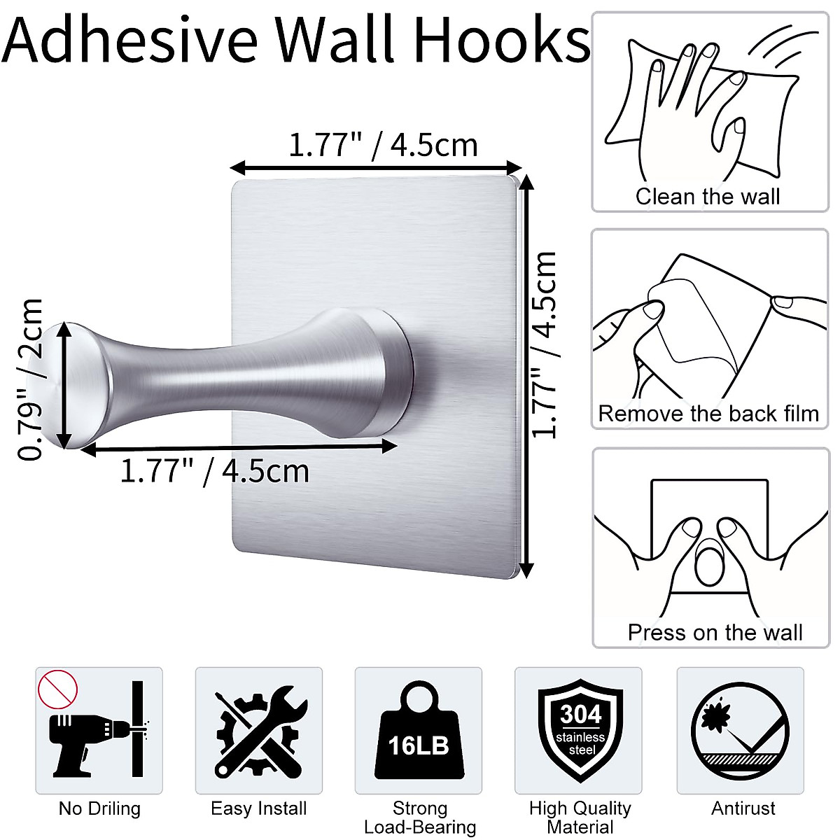 DGYB Self Adhesive Hooks for Hanging Set of 4 Adhesive Wall Hooks Heavy Duty Stainless Steel Brushed Nickel Adhesive Towel Hooks for Bathrooms Waterproof Stick on Shower Hooks for Inside Shower