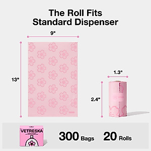 VETRESKA Cherry Blossom Scented Dog Poop Bags, Leak Proof, Extra Thick and Large Dog Waste Bags for Dog Walking and Cat Litter, 20 Refill Rolls, 300 Bags, Pink