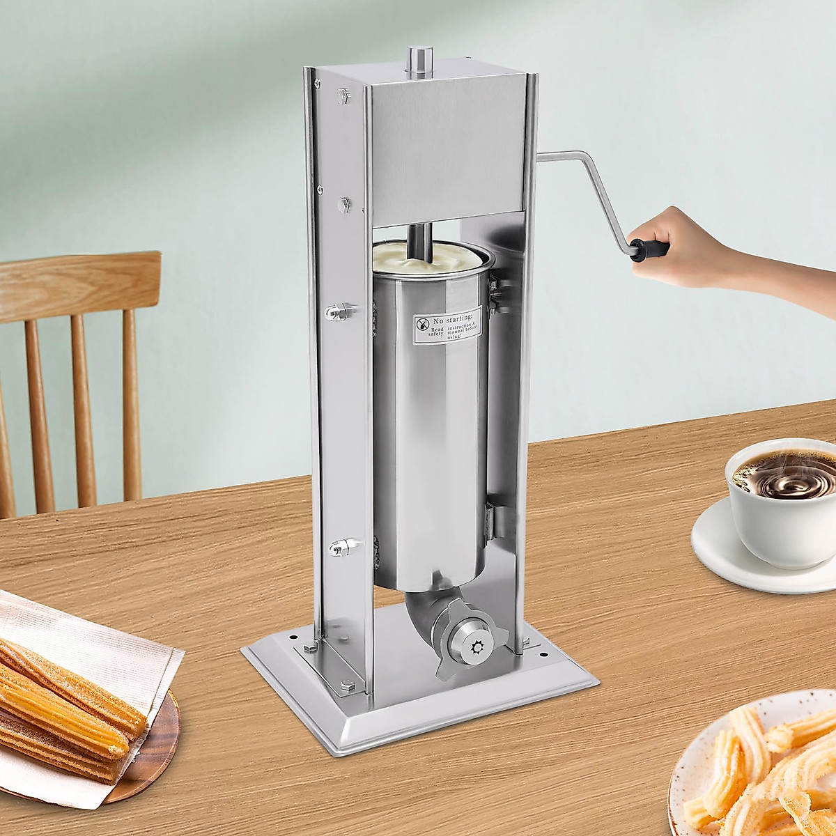 Commercial Churro Machine Hand Crank Stainless Steel Churro Maker with 6 Nozzles Home 5L Vertical Type Manual Spanish Donuts Churro Filler Machine for Restaurants Cafeterias Bakeries