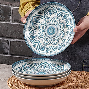 Artena Pasta Bowls Set Of 4, 24oz Porcelain Salad Bowls, 8 Inch Bowls For Kitchen, Colorful Dinner Plates, Serving Bowls For Entertaining, Shallow Bowl For Eating, Microwave, Oven Safe, Blue Bohemia