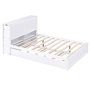 BIADNBZ Full Size Storage Platform Bed with Pull Out Shelves and Twin Size Trundle, Wooden Bedframe with Headboard, for Kids Teens Adults Bedroom, White