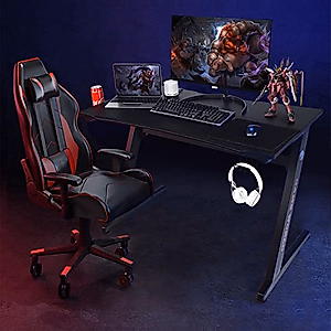 Goplus 45.5 Gaming Desk, Z Shaped Racing Game Table with Carbon Fiber Surface, Mouse Mat, Headphone Hook, Cup Holder, Game Handle Rack, Ergonomic Home Office Computer Table Gamer Workstation