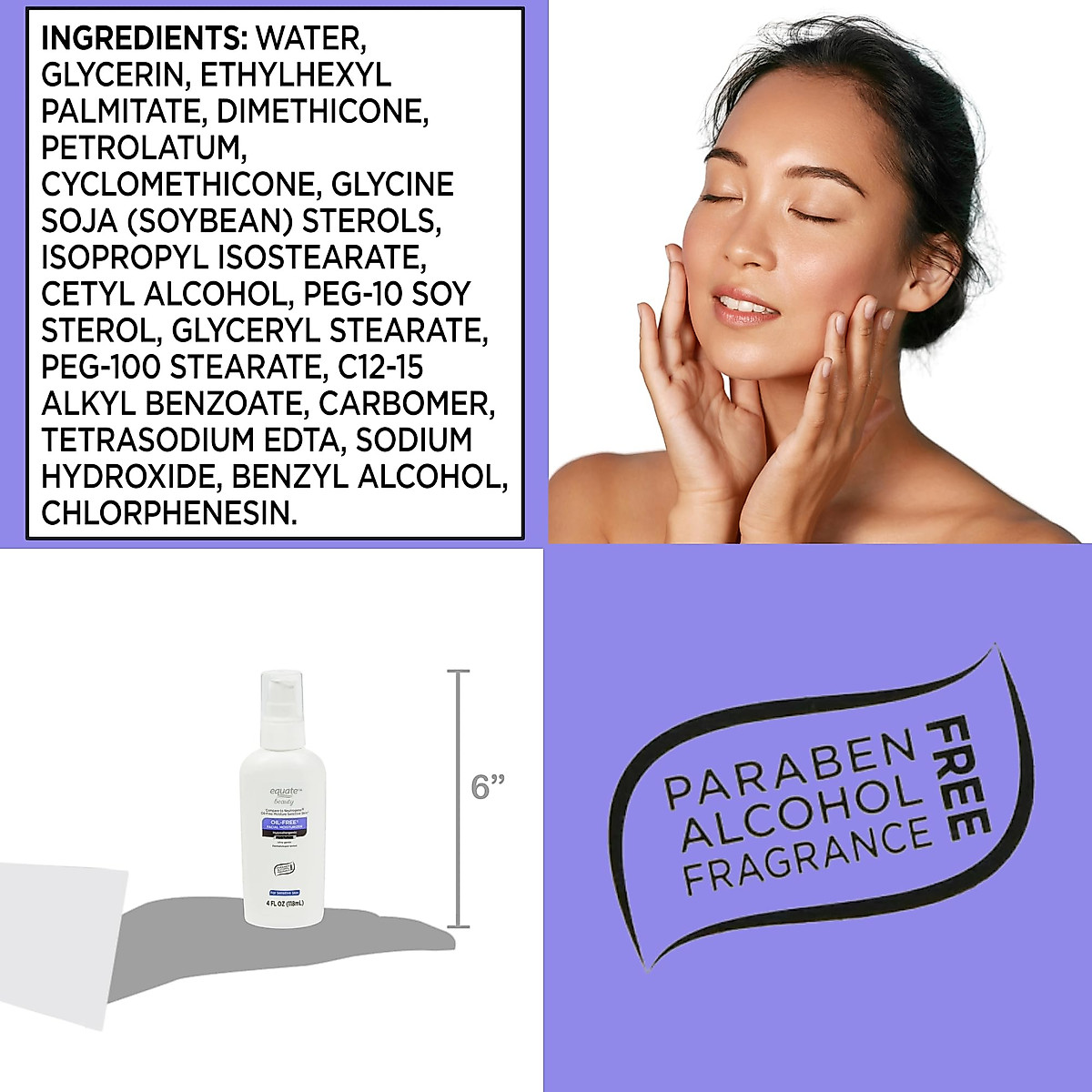 Equate Beauty Oil Free Moisture Daily Hydrating Facial Moisturizer & Neck Cream with Glycerin - Fast Absorbing Ultra Gentle Lightweight Face Lotion 4 fl. oz (Pack of 1)