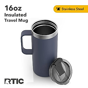 RTIC 16 oz Coffee Travel Mug with Lid and Handle, Stainless Steel Vacuum-Insulated Mugs, Leak, Spill Proof, Hot Beverage and Cold, Portable Thermal Tumbler Cup for Car, Camping, Navy, Matte