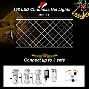 Christmas Net Lights with Remote, 198 LED 9.8ft x 6.6ft Outdoor Mesh String Lights Waterproof, 8 Modes Connectable Xmas Decorations for Bushes Tree Garden Wedding (White Wire, Warm Light)