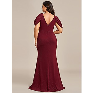 Ever-Pretty Women's Plus Size Sparkle Open Back V Neck High Slit Floor Length Formal Dresses Burgundy US16