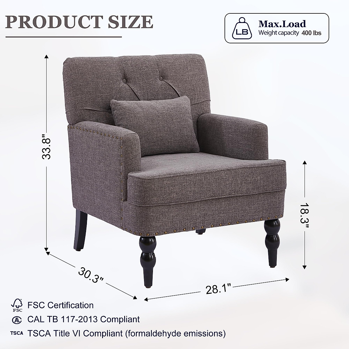 HUIMO Tufted Club Chair with Lumbar Pillow,Upholstered Button Armchair,Accent Reading Chair,Linen Fabric Sofa Chairs for Bedroom, Living Room, Mid Century Modern with Studded Chair Grey