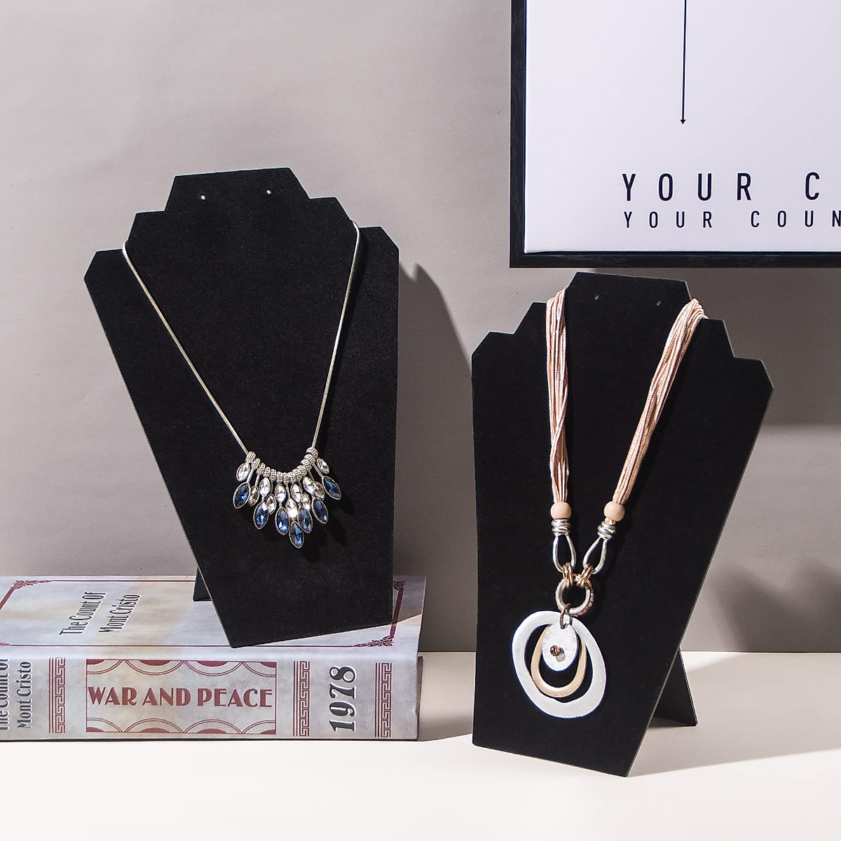 Coward 4Pcs/Set Black Necklace Earring Jewelry Set Display Stand, Foldable Black Velvet Necklace Bust Easel Chain Necklace Holder Organizer Rack for Home or Store Show