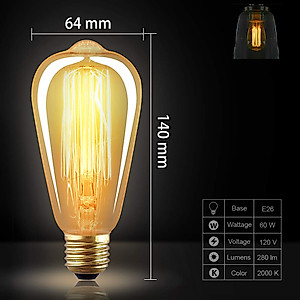 LUXON Edison Bulbs,Antique Vintage Style Incandescent Light Bulbs,Dimmable Amber Warm,60W E26 Base for Wall Sconce Pack of 2