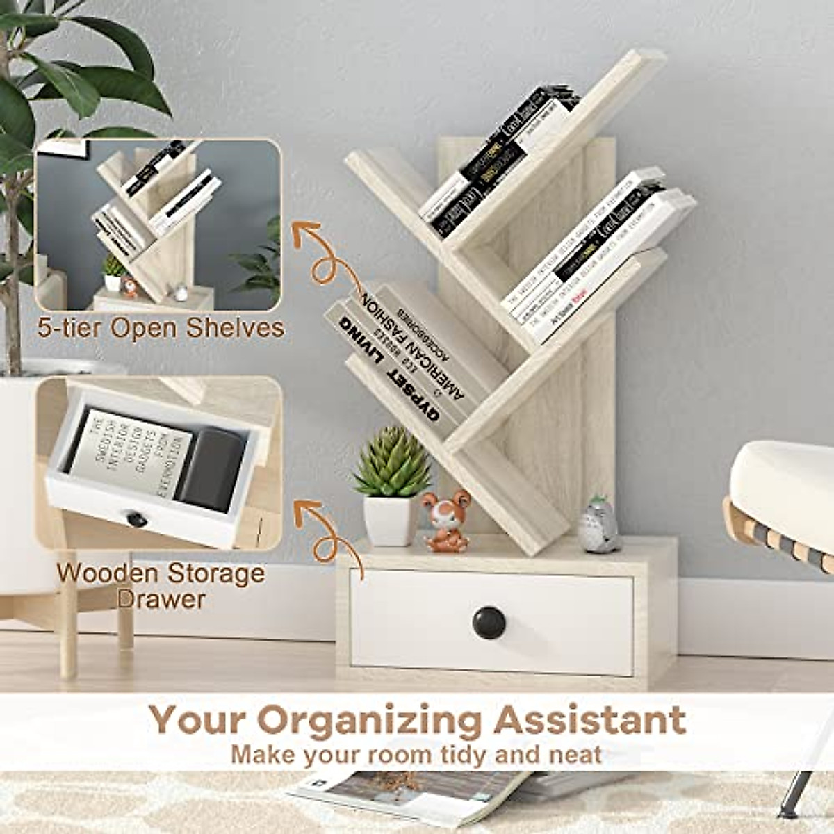 Tangkula 5 Tier Tree Bookshelf with Drawer, Rustic 5 Shelf Space Saving Corner Bookcase, Retro Wooden Utility Organizer Shelves for Books/CDs/Movies, Open Display Shelf for Home Office (Beige, 5 Tier)