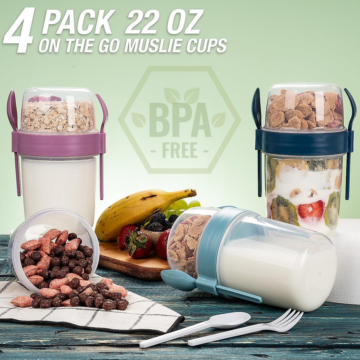 EYNEL 4 Pack On The Go 22 oz Breakfast Cups with Lids and Spoon, Reusable Cereal Yogurt Cup with Topping Plastic Overnight Oats Container for Granola Oatmeal (22 oz - 4 Pack)