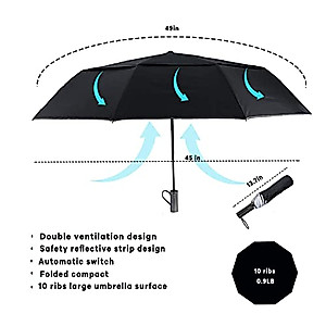 MRTLLOA 49 Inch Large Windproof Travel Umbrella, Double Canopy Vented Waterproof Compact Folding Golf Umbrellas for Rain, Portable for Car, Backpack, Luggage(49 Inch, Black)