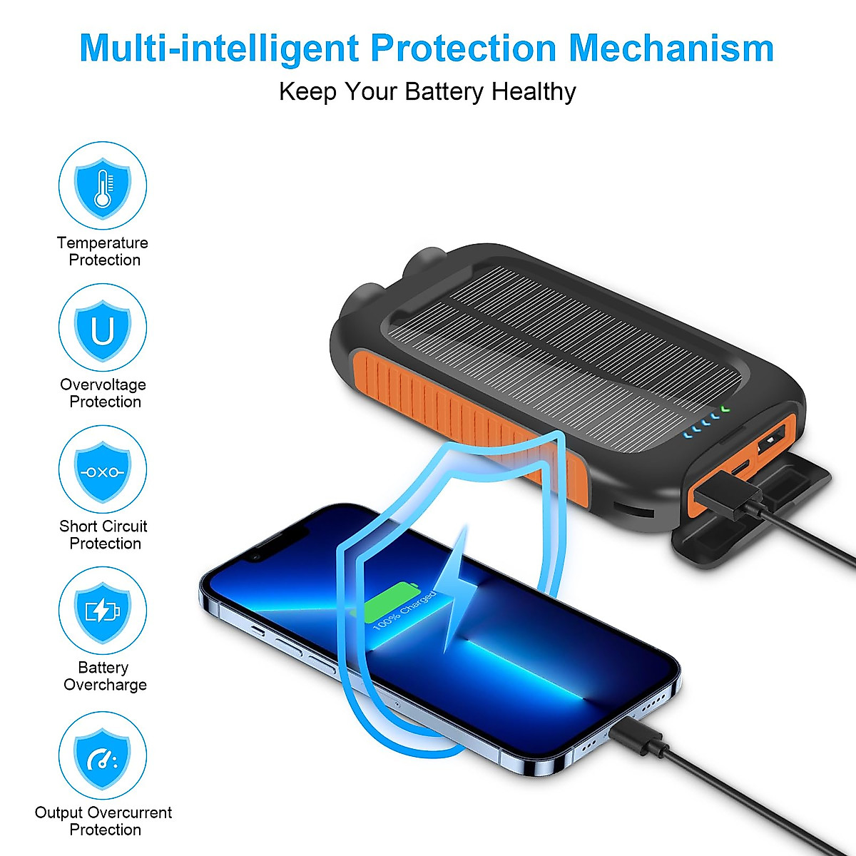 Luvknit Power-Bank-Solar-Charger - 10000mAh Power Bank, Portable Charger, External Battery Pack 5V/3A Type C Input Output Dual Built-in Super Bright Flashlight, Carabiner, Solar Panel Charging