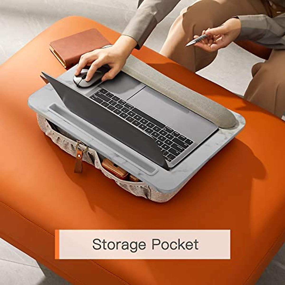 HUANUO Lap Laptop Desk - Portable Lap Desk with Pillow Cushion, Fits up to 15.6 inch Laptop, with Anti-Slip Strip & Storage Function for Home Office Students Use as Computer Laptop Stand - Marble