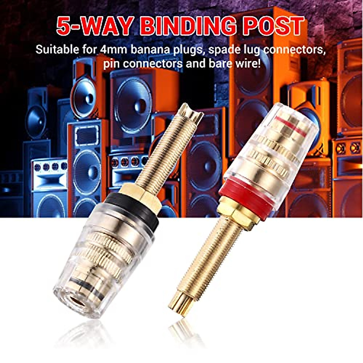 Facmogu 4PCS Black & Red Heavy Duty 5-Way Binding Post Banana Jacks 4mm, 24K Gold Plated Sold Brass Insulated Binding Post Banana Plugs, Speaker Amplifier Bindling Post Terminals - Long