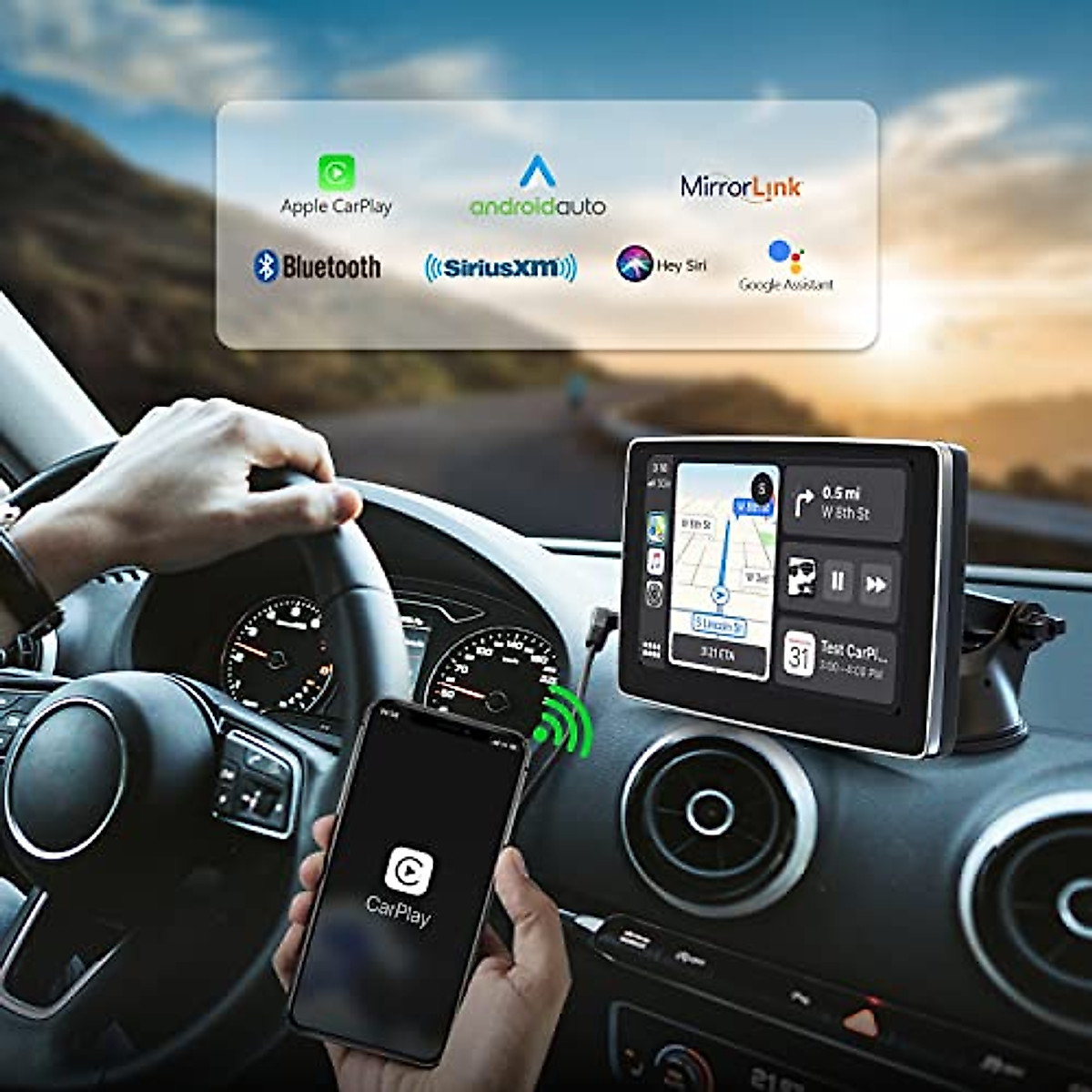 DriveLink Newest Portable Car Play Screen with Wireless Apple Carplay, Android Auto, AirPlay, AutoLink - 2023 Dash Mount Smart 7 Inch Display with Navigation, Bluetooth to Any Car