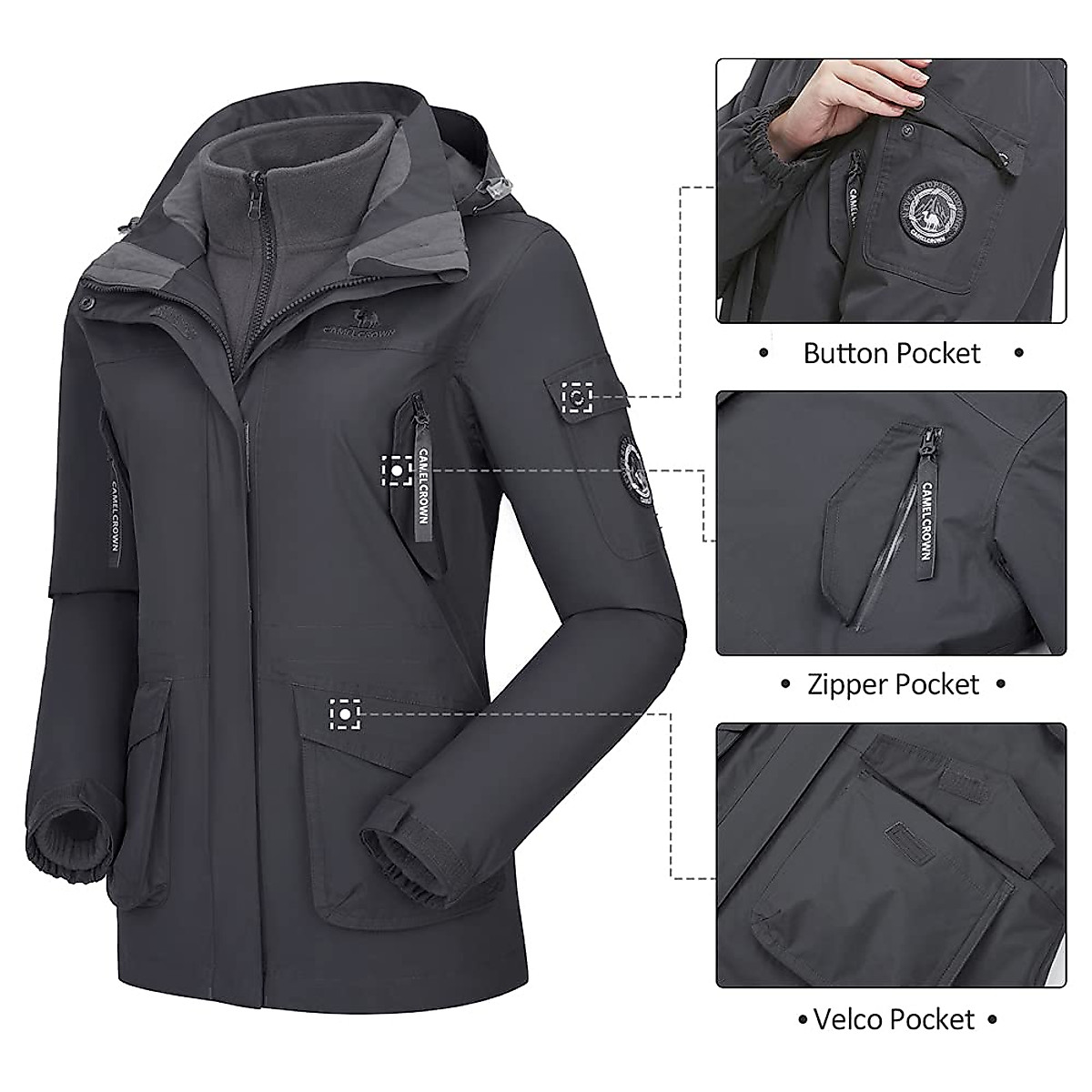CAMEL CROWN Womens Waterproof Ski Jacket 3-in-1 Windbreaker Winter Coat Fleece Inner for Rain Snow Outdoor Hiking(Dark Grey, Medium)