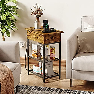 QEEIG Small End Table with Charging Station Sofa USB Ports Power Outlets Farmhouse Narrow Nightstand, Rustic Brown