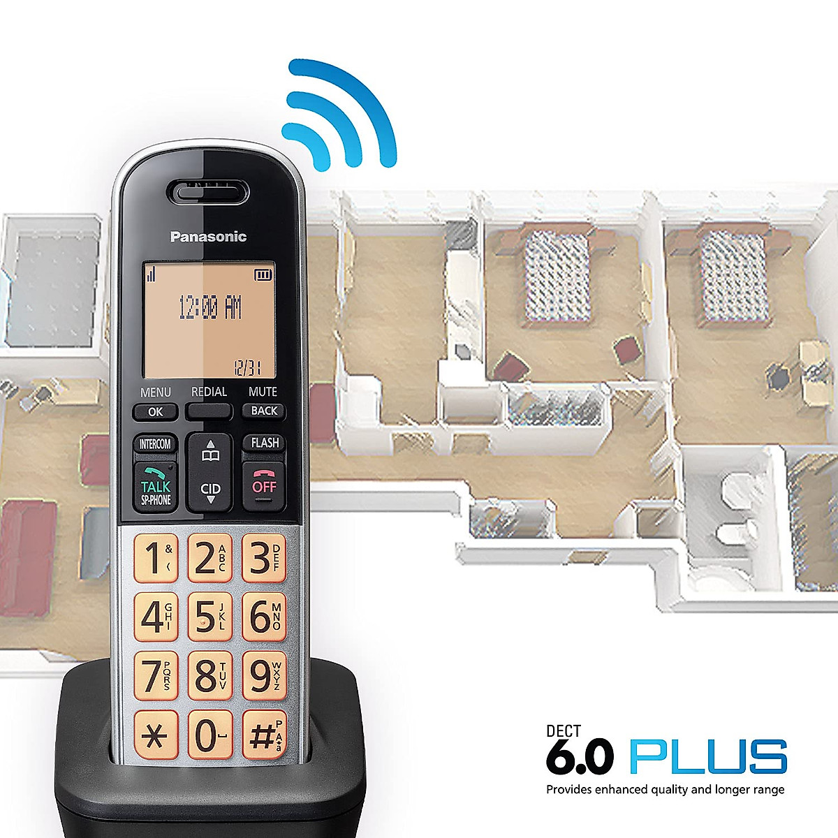 Panasonic Compact Cordless Phone with DECT 6.0, 1.6" Amber LCD and Illuminated HS Keypad, Call Block, Caller ID, Multiple Display Languages - 1 Handset - KX-TGB810S (Black/Silver)