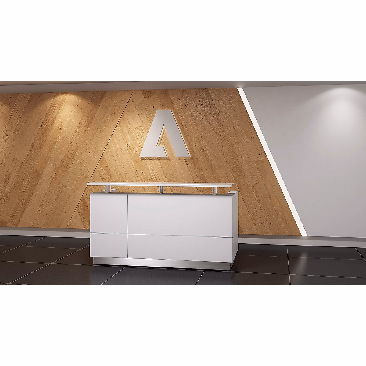 GW FURNITURE Modern Gloss White Reception Desk (63") with Quartz-Stone Counter TOP