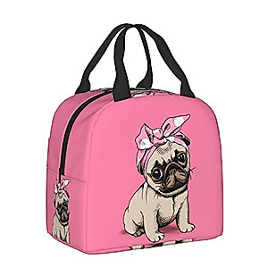PrelerDIY Cute Pink Pug Lunch Box - Insulated Lunch Bags for Kids Boys Girls Reusable Lunch Tote Bags, Perfect for School/Camping/Hiking/Picnic/Beach/Travel