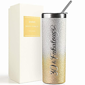 Onebttl 30th Birthday Gifts for Women, Female, Her - 30 and Fabulous - 20oz/590ml Stainless Steel Insulated Glitter Tumbler with Straw, Lid, Message Card - (Gold-Silver Gradient)