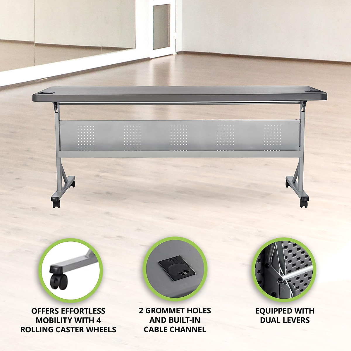 National Public Seating 24 x 72 Inch Flip N Store Blow-Molded Plastic Flipper Training Table with 4 Caster Wheels and 2 Grommet Holes, Charcoal Slate