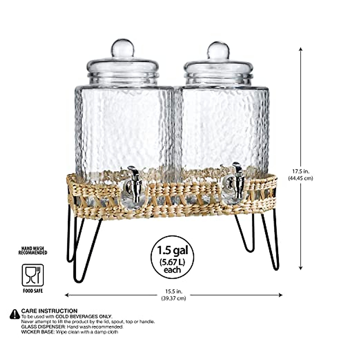 Double Ice Cold Clear Glass Hammered Beverage Drink Dispensers On Wicker Metal Stand 1.5 Gallon Each Mason Jug For Outdoor, Parties & Daily Use