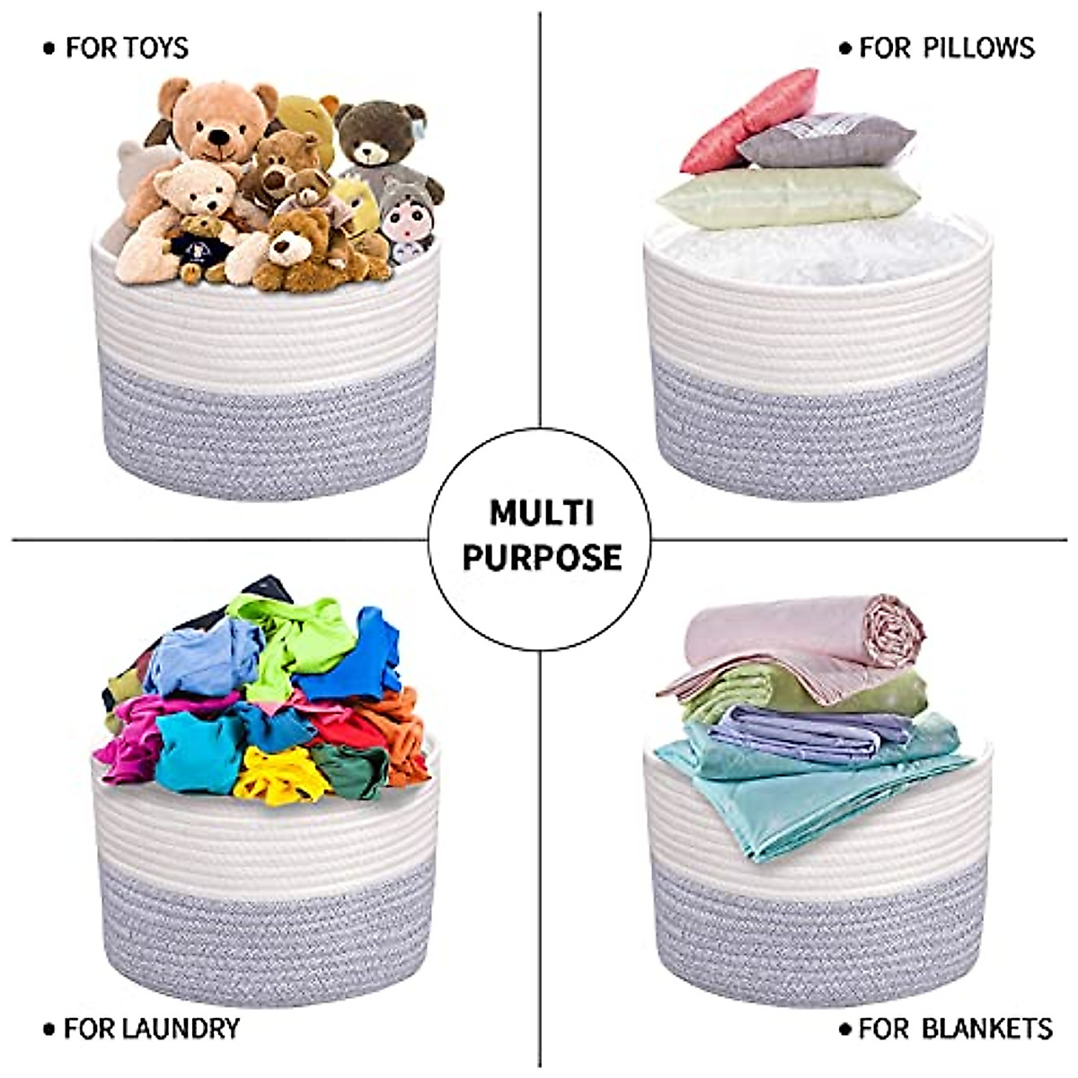 MRECHIR 2pc Large Woven Cotton Rope Basket with Handles 18" x 15" Laundry Hamper - Blanket Basket Living Room - Basket for Toys-Decorative Baskets for Storage - Pillow Basket - White&Grey