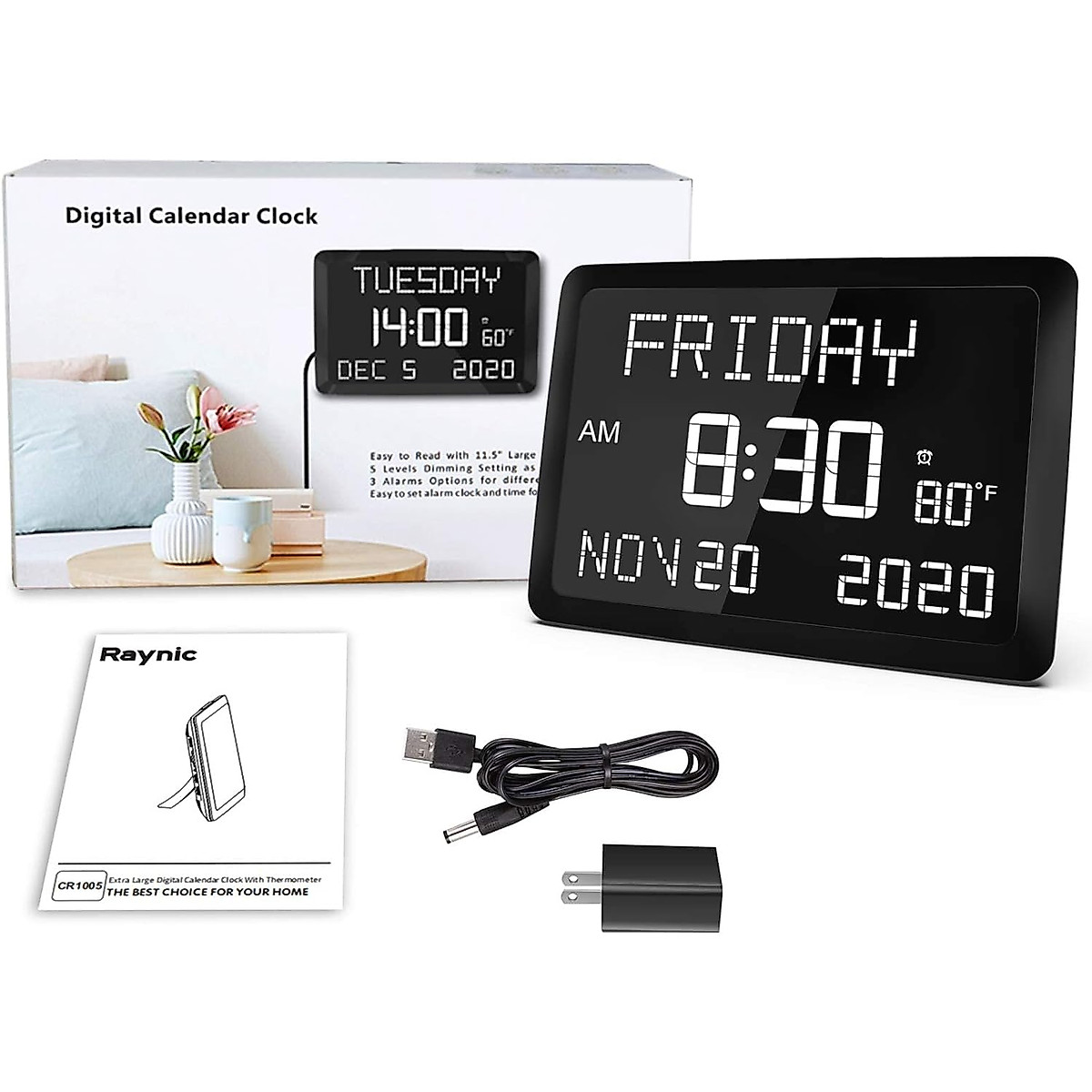 Raynic Digital Clock, 11.5" Large LED Word Display Dimmable Digital Wall Clock,Adjustable Brightness Digital Alarm Clock with Day and Date,Indoor Temperature,Snooze,12/24H,DST for Home, Office,Elderly