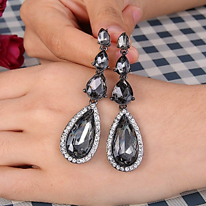 BriLove Wedding Bridal Dangle Earrings for Women Elegant Multi Teardrop Long Chandelier Earrings Grey Black-Silver-Tone