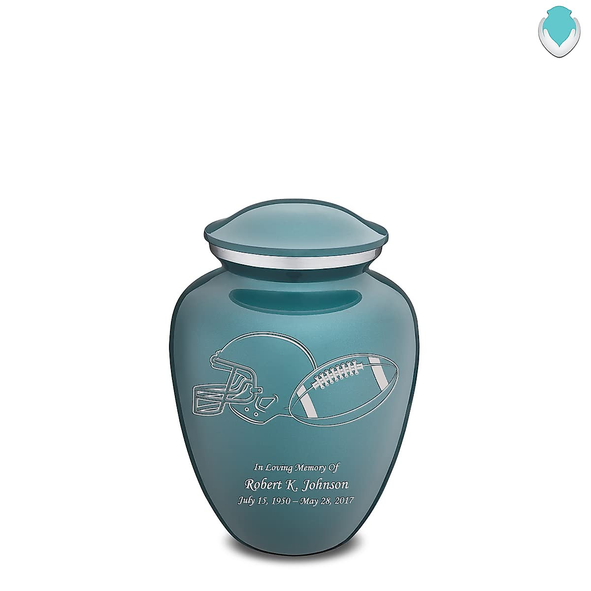 GetUrns Embrace Personalized Football Medium Cremation Urn with Custom Text Engraving for Human Ashes for Funeral, Burial, Niche or Columbarium – 44 Cubic Inches – Small Urns for Ashes (Teal)