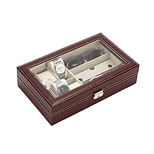 AUTOARK Leather 6 Watch Box Jewelry Case and 3 Piece Eyeglasses Storage and Sunglass Glasses Display Case Organizer,Brown,AW-020