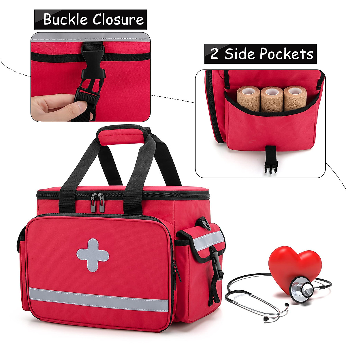 CURMIO First Aid Kits Bag Empty, Emergency Supplies Bag Medical Bag for Home Health Care and Trauma Kits, Red (Empty Bag Only)