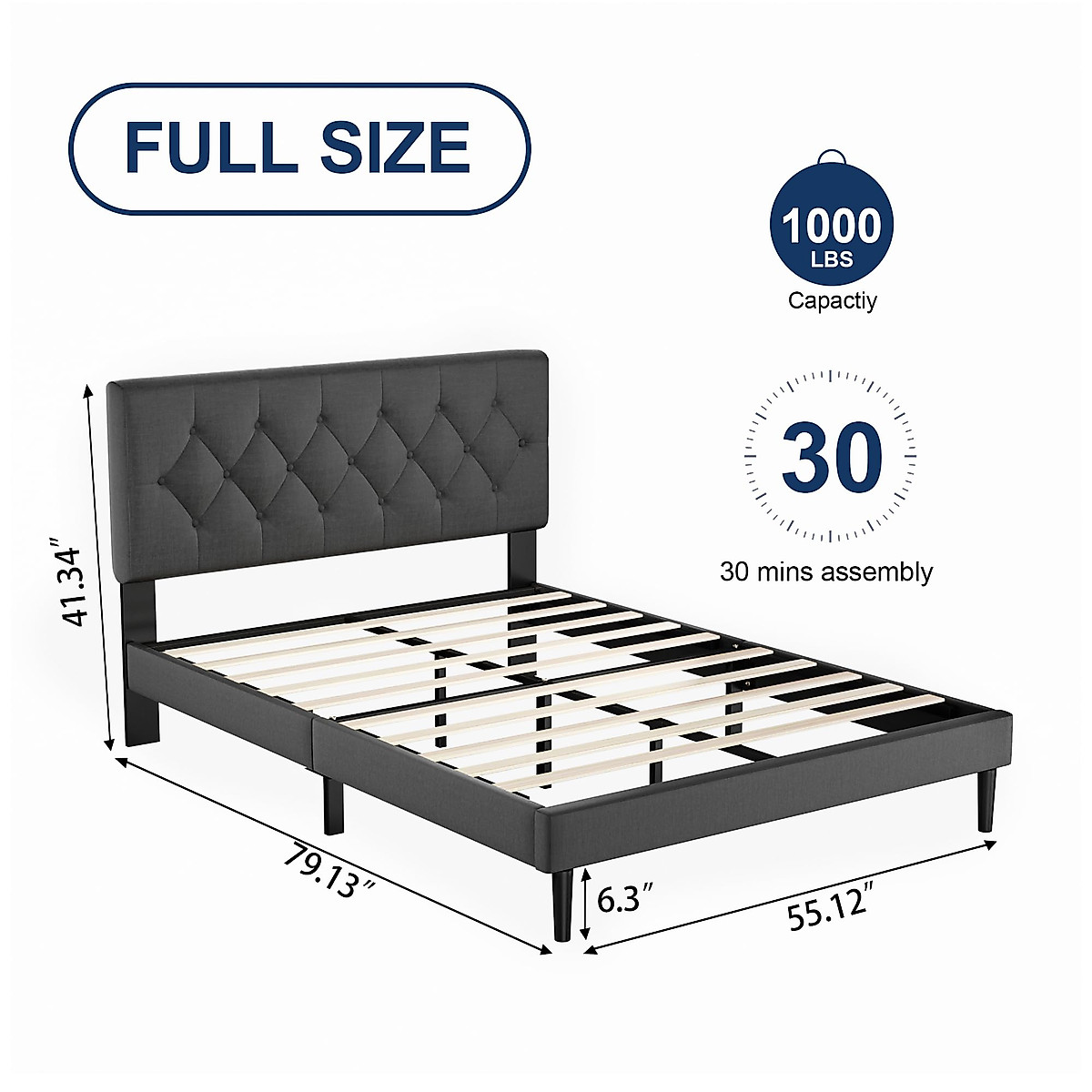 Full Size Platform Bed Frame with Upholstered Headboard, Button Tufted Design, No Box Spring Needed, Dark Grey