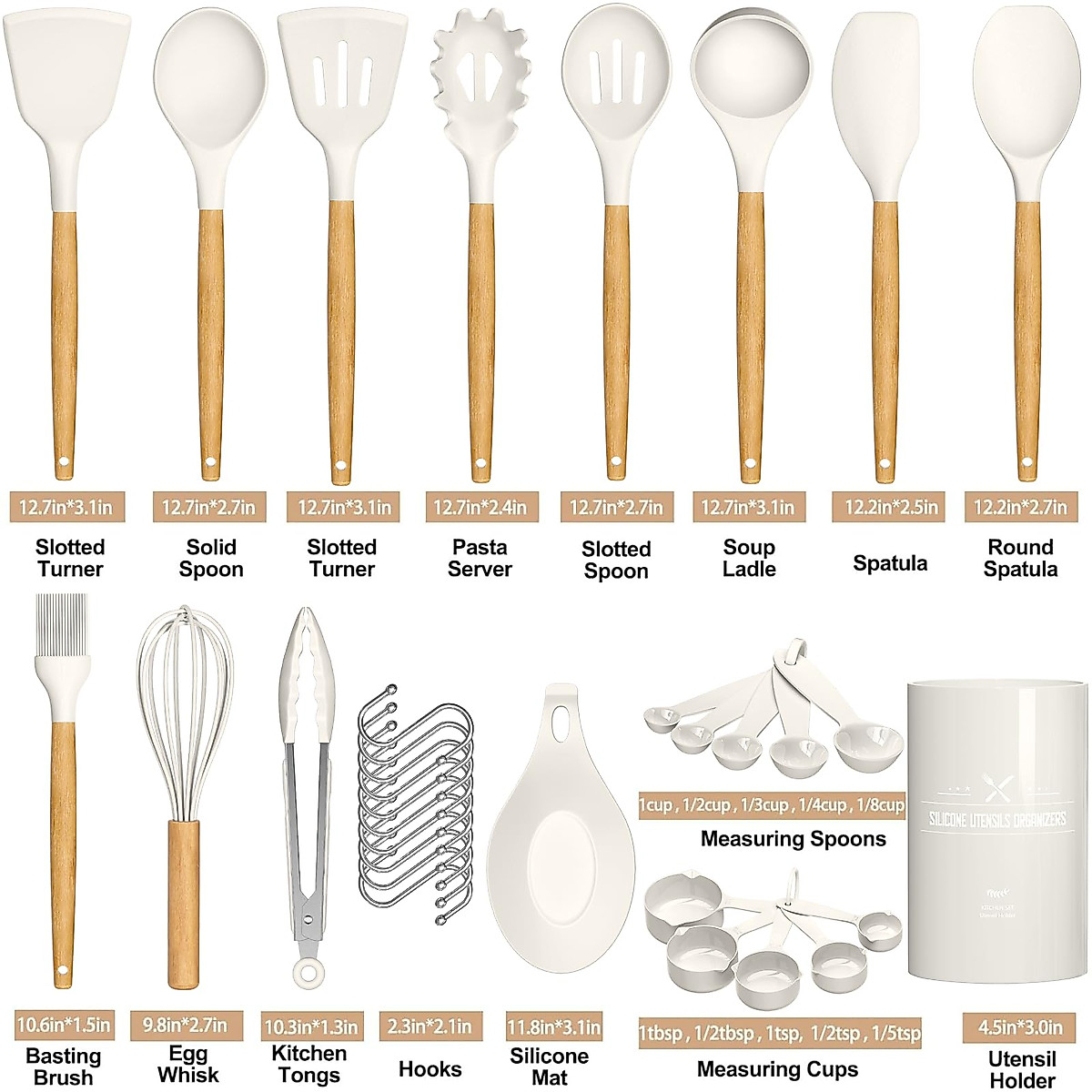 Umite Chef Kitchen Cooking Utensils Set, 33 pcs Non-stick Silicone Cooking Kitchen Utensils Spatula Set with Holder, Wooden Handle Silicone Kitchen Gadgets Utensil Set (Cream White)
