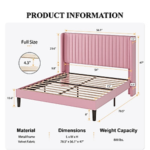 SHA CERLIN Full Size Velvet Bed Frame with Vertical Channel Tufted Wingback Headboard, Upholstered Platform Bed with Wood Slats, No Box Spring Needed, Easy Assembly, Pink