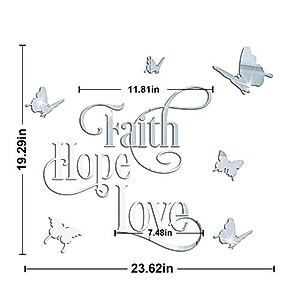 Faith Hope Love 3D Acrylic Mirror Wall Stickers, HOLENGS 3D Butterfly Mirror Surface Peel and Stick Removable Motivational Letter Wall Decals, Crystal DIY Wall Decor for Home Living Room Bedroom