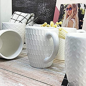 Schliersee White Ceramic Coffee Mugs set of 6, Stylish Embossed Coffee Cups Set with Different Patterns, for Coffee, Tea, Milk, Cocoa, Cereal (11.8 Ounce), for Christmas Gift