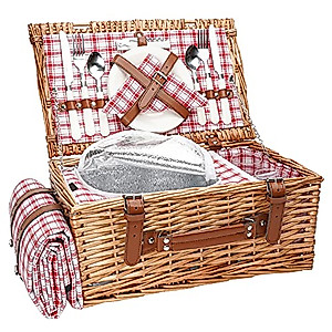 Wicker Picnic Basket Set for 2 Persons with Waterproof Picnic Blanket and Large Insulated Cooler Compartment, Willow Picnic Hamper Basket with Cutlery Service Kits for Camping, Wedding, Anniversary